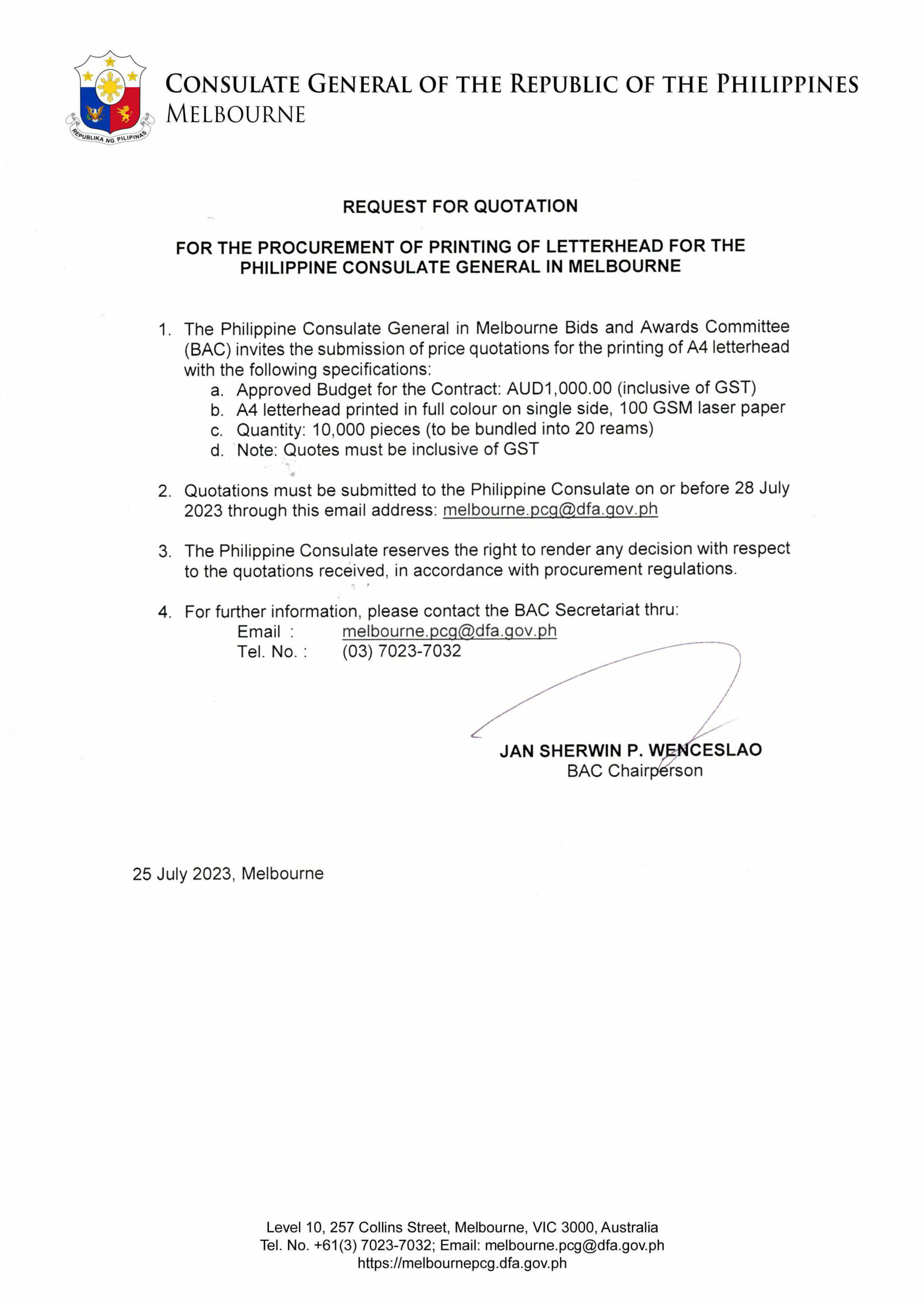 Printing of 10,000 pieces of A4 Letterhead - Philippine Consulate ...